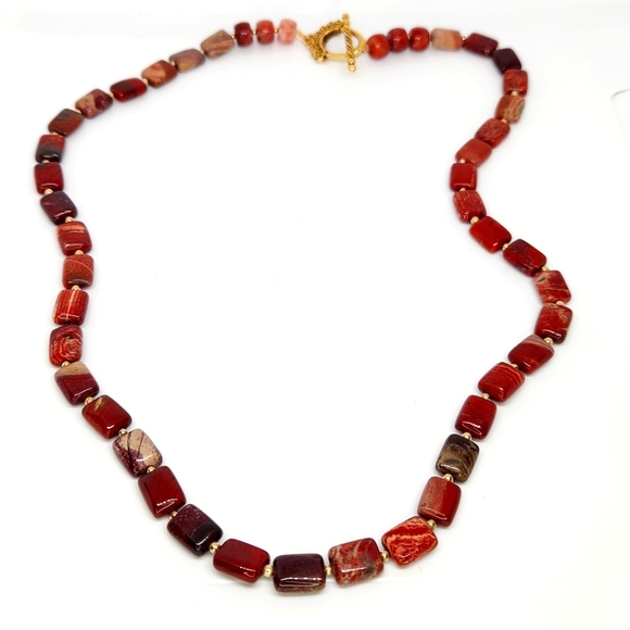 Jewelry | Red Jasper Square Gold Tone Bead Toggle Necklace New Stone ...